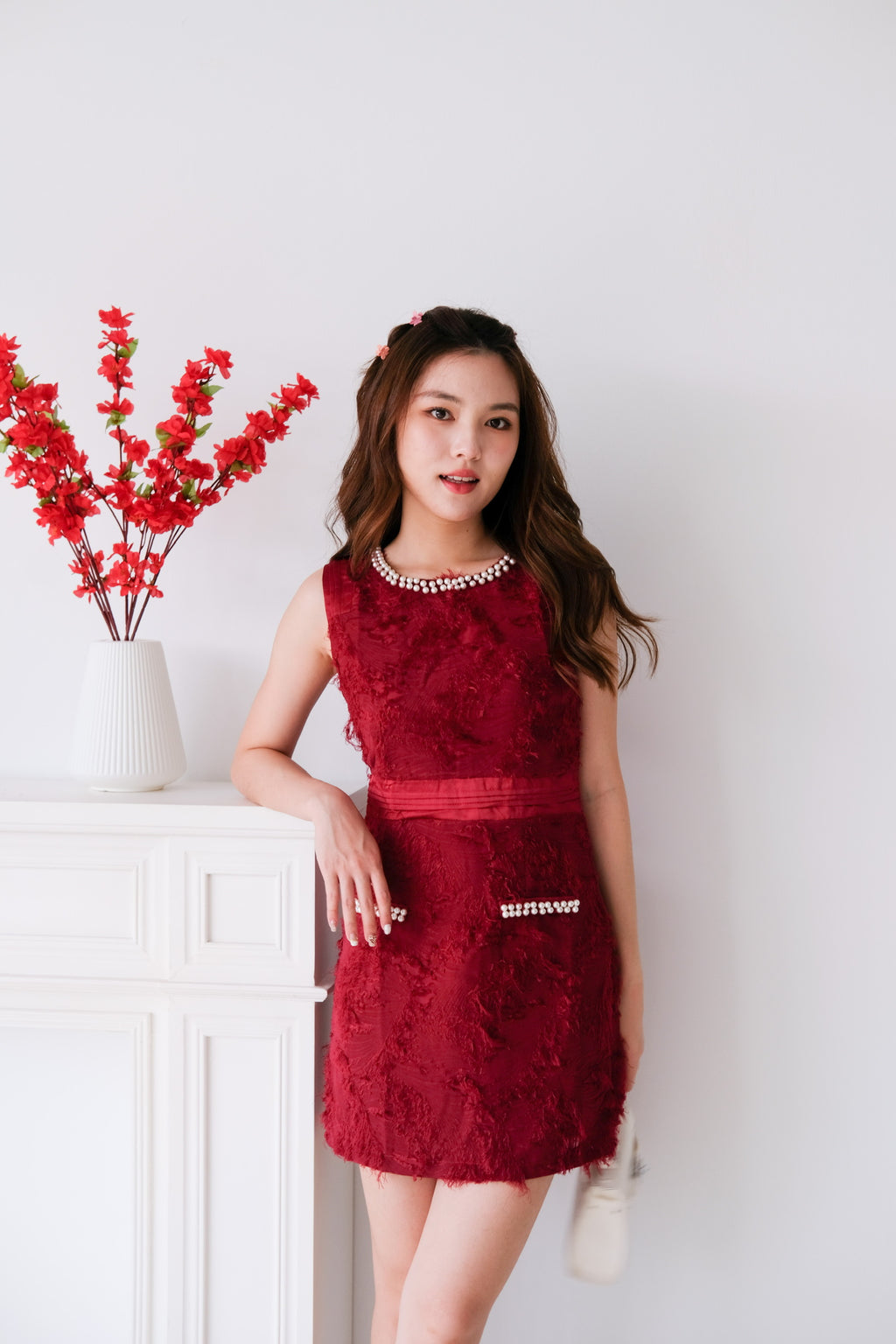 Gleam Glam Tweed Dress (Maroon)